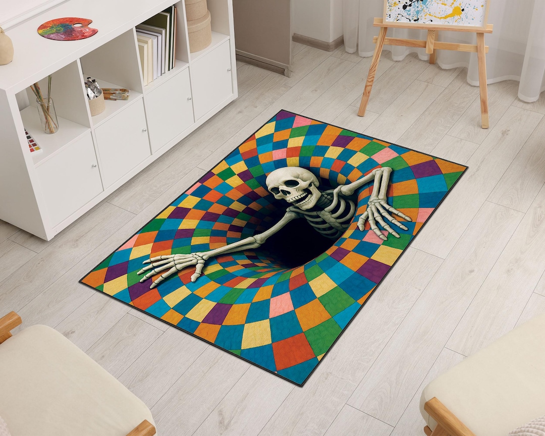 Colorful 3D Skeleton Optical Illusion Rug - Funny Skeleton Crawling Out ...
