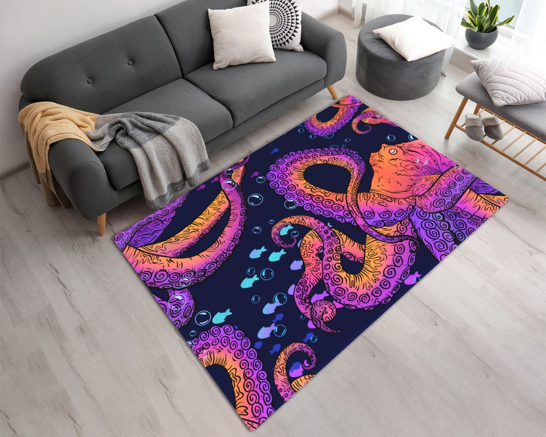 Vibrant Octopus With Small Fishes Printed Area Rug • Washable and Non ...