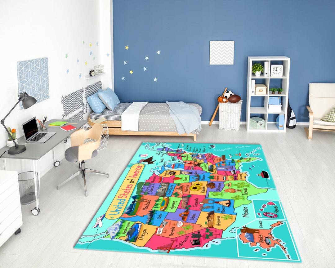 Vibrant USA Map in Cartoon Style Printed Area Rug • Washable ...