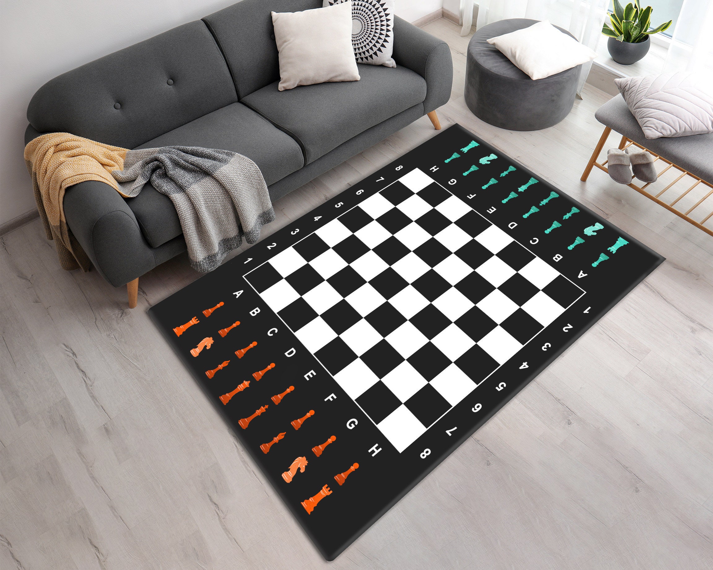 Chess Set With Board Rug Vivid Color Printed Washable Non - Etsy