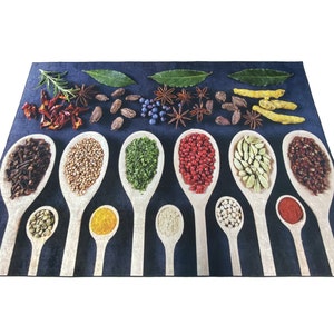 Vibrant Aromatic Spices on Wooden Spoons Printed Kitchen Area Rug ...