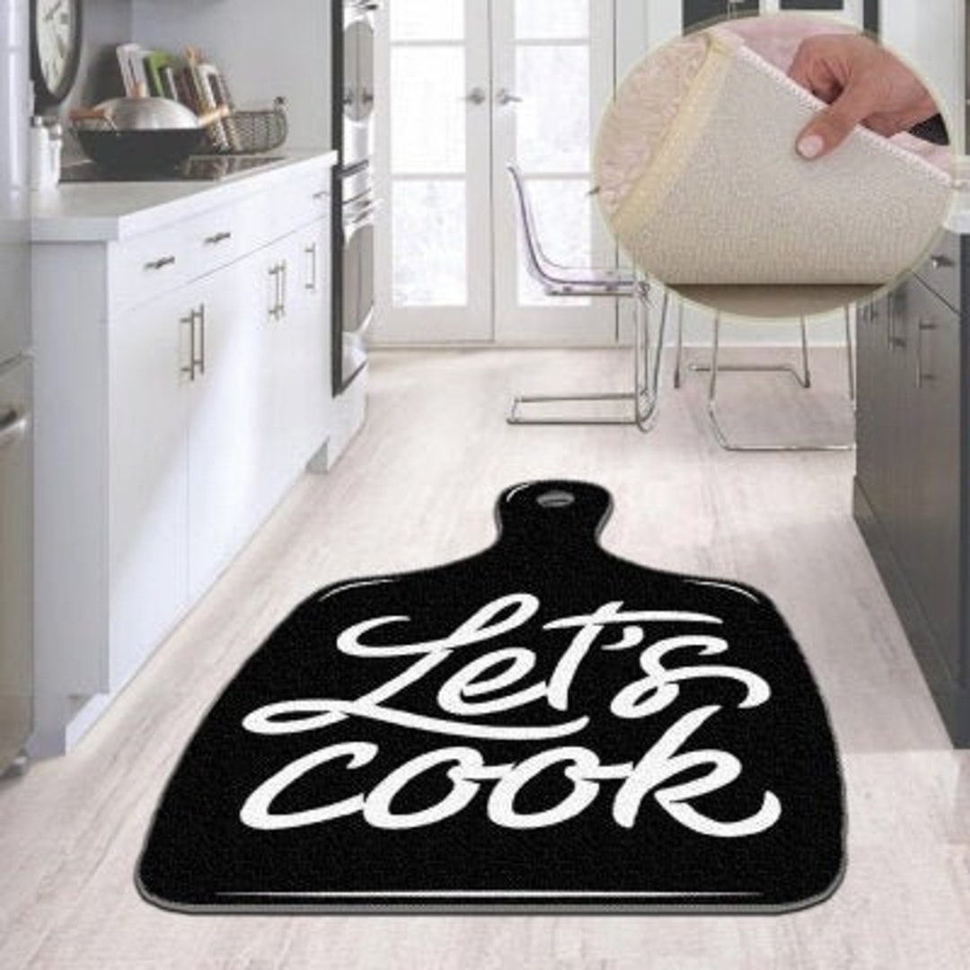 Vibrant Lets Cook Printed Black Kitchen Rug • Machine Washable Non-slip ...