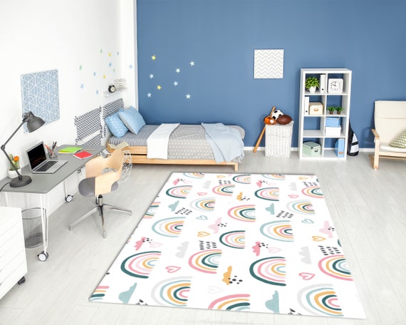 Colorful Hand Drawn Rainbows Printed Washable Nursery Rug | Etsy