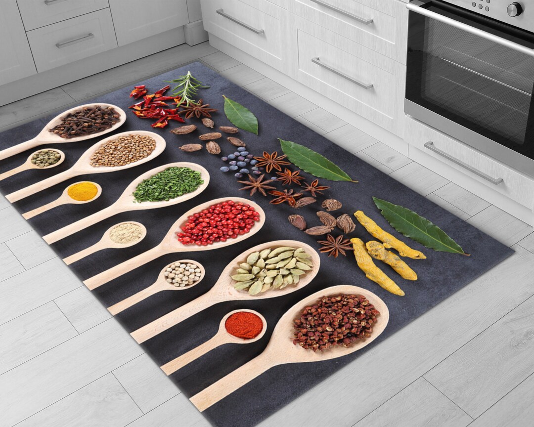 Vibrant Aromatic Spices on Wooden Spoons Printed Kitchen Area Rug ...
