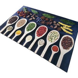 Vibrant Aromatic Spices on Wooden Spoons Printed Kitchen Area Rug ...