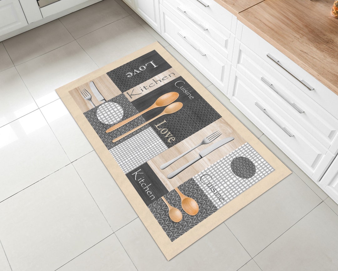 Cream Kitchen Rug With the Words "love", "kitchen" and "cuisine ...
