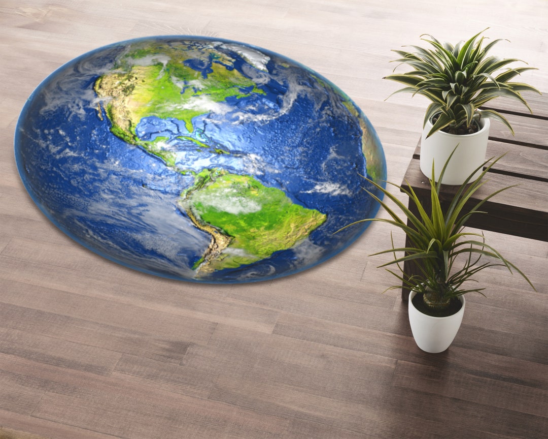 Vibrant Printed Planet Earth Round Rug • Earth Printed Washable Circle ...