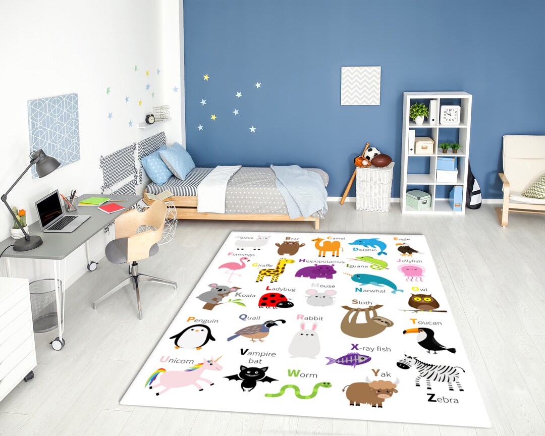 Animal Zoo ABC Alphabet Printed Rug • Vivid Color Printed Washable Non ...