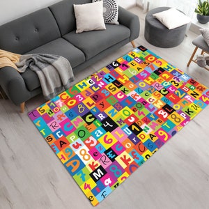 Vibrant Letters and Numbers Printed Colorful Area Rug • Eye-catching ...