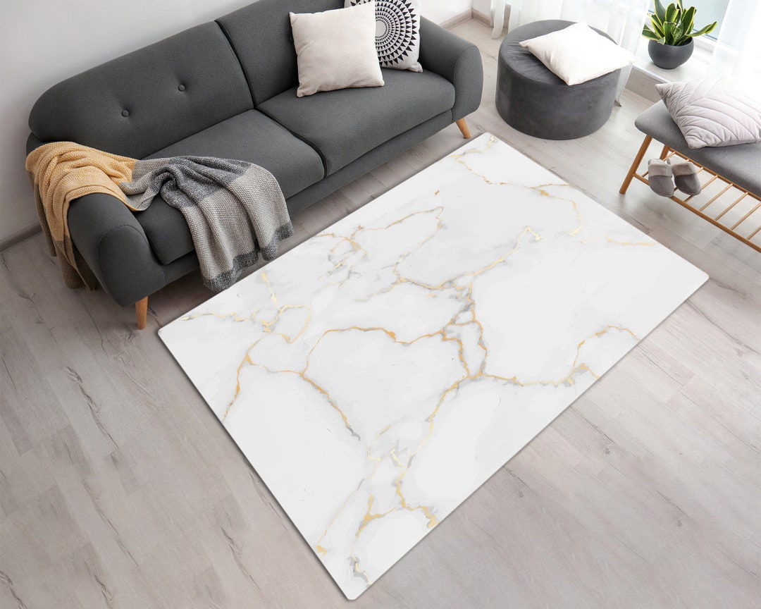 Luxury White Gold Marble Texture Printed Area or Runner Rug • Washable ...