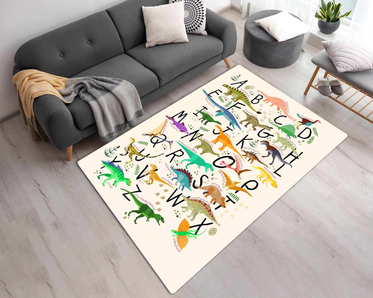 Vibrant Learning Alphabet With Dinosaurs Printed Kids Room Rug ABC ...