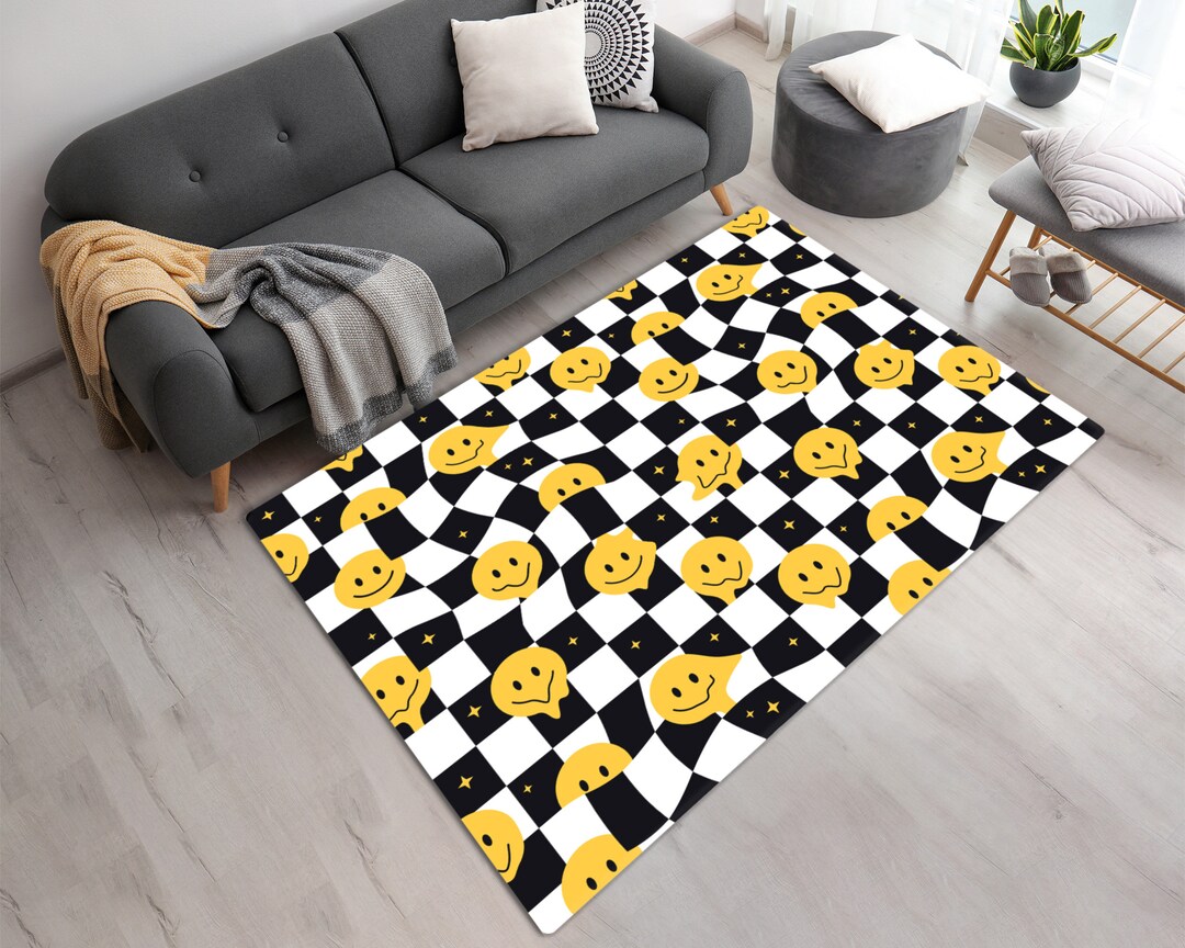 Checkered Trippy Area Rug With Funny Melt Smile Faces, Machine Washable ...