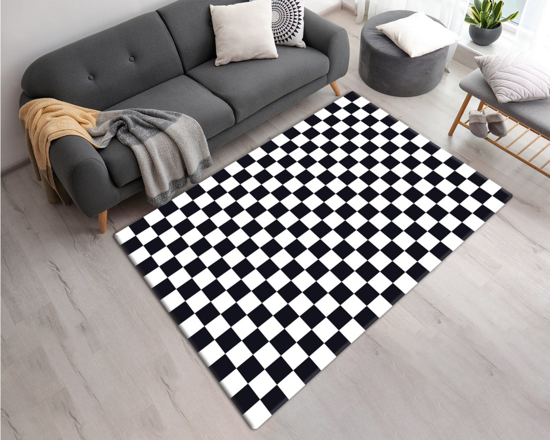 Printed Chick White & Black Checkered Area or Runner Rug • Elegant ...