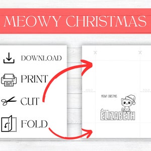 Printable Meowy Christmas Card, Cat Coloring Page, Personalized ...