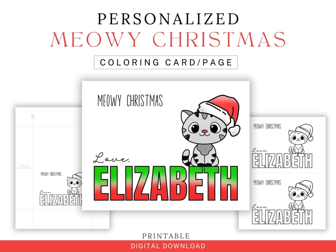 Printable Meowy Christmas Card, Cat Coloring Page, Personalized ...