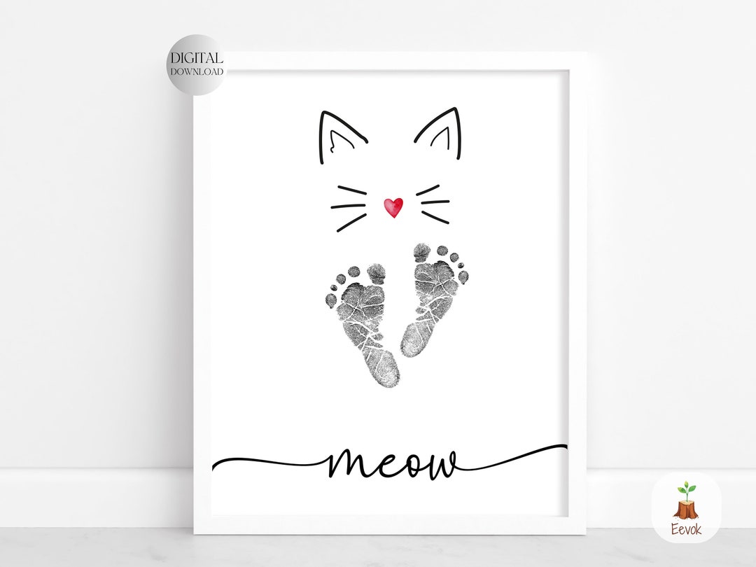 Printable Cute Cat Card, Baby's Footprint Art Birthday Handprint ...