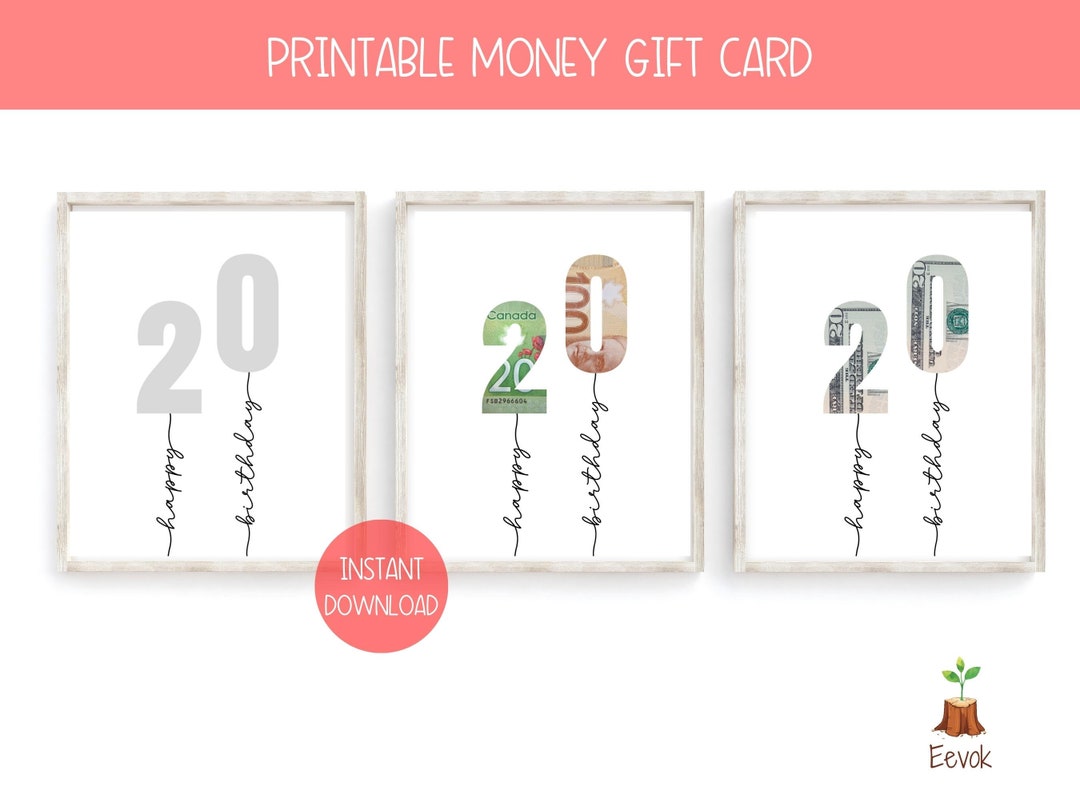 Printable Money Card Holder, Custom Money Card 20th Birthday Card ...