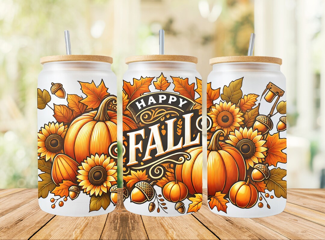 Happy Fall 16oz Glass Cup Wrap Png, Sublimation Design, 16oz Glass Cup ...