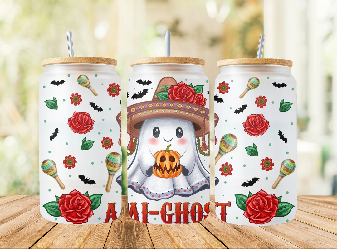 Cute Ghost in Sombrero Mexican Ghost With Boo, 16oz Glass Cup Wrap Png ...