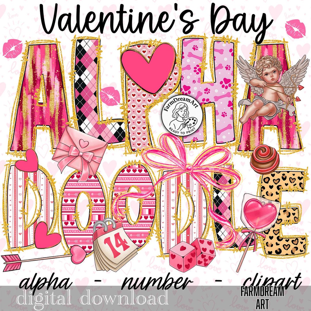 Valentine Alphabet PNG, Pink Doodle Letters, Cupid Clipart Bundle ...
