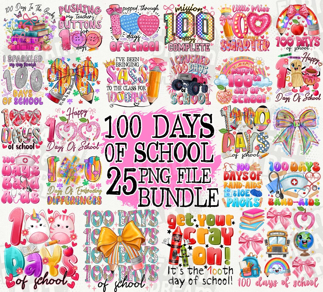 100 Day of School Bundle Png, 100 Day of School Png, Brushstroke 100 ...