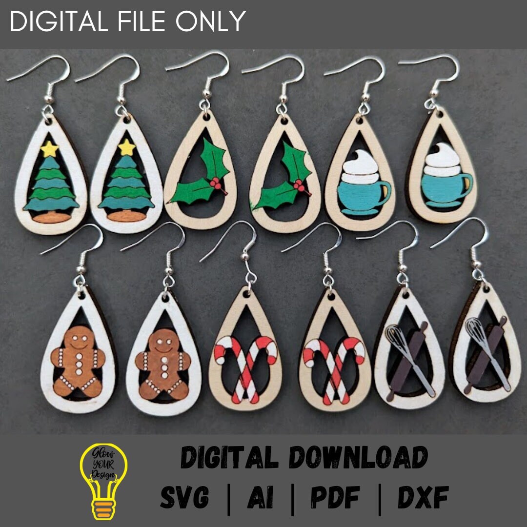 Christmas Earring SVG Bundle, 6 Holiday Teardrop Earring Digital File ...