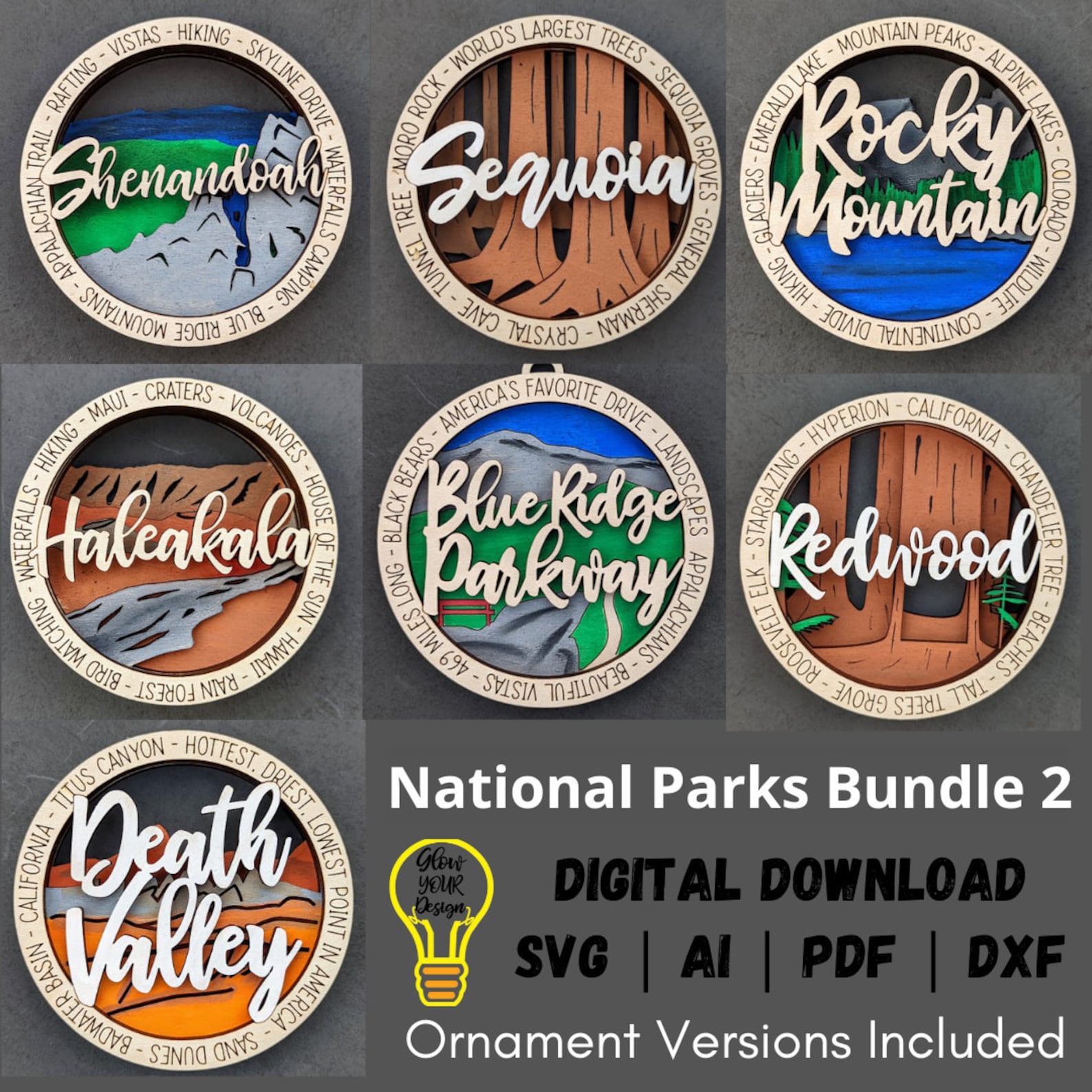 National Parks Svg Bundle Set 2, Set of 7 Multi-layered Wall Hanging ...