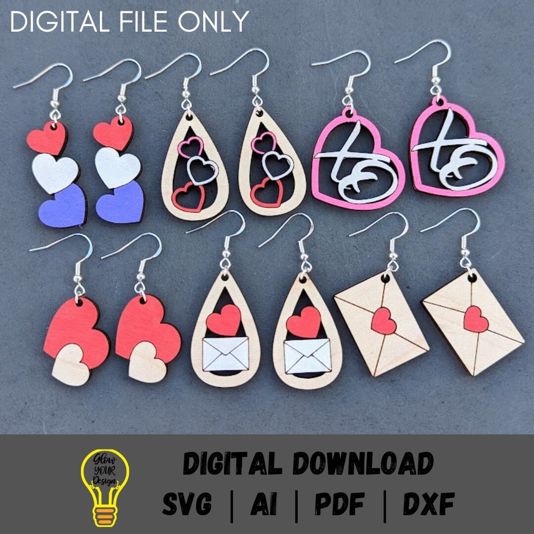 Valentine's Day Earring SVG Bundle, Set of 5 Valentine Love Heart ...