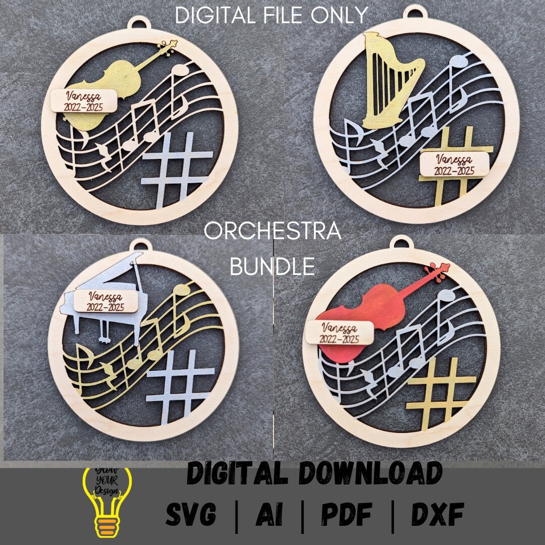 Orchestra Svg, Set of 4 Instruments Ornament Svgs - Piano, Harp, Violin ...