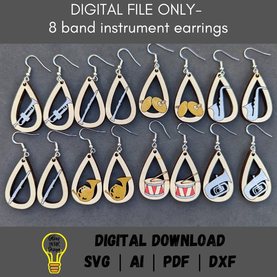 Marching Band Earring Bundle Svg - Drum, Cymbals, Flute, Trumpet ...