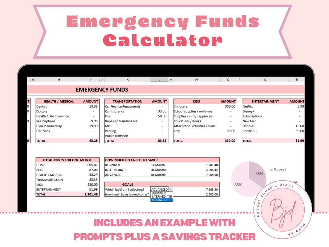 Emergency Funds Calculator, Excel Funds Tracker, Emergency Funds ...