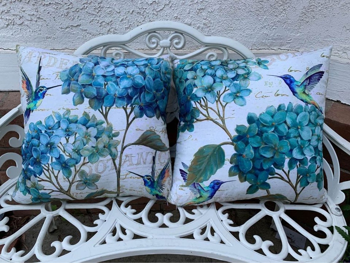 Vintage Blue Hydrangea and Hummingbirds Pillow Covers 18 X 18", Set of ...