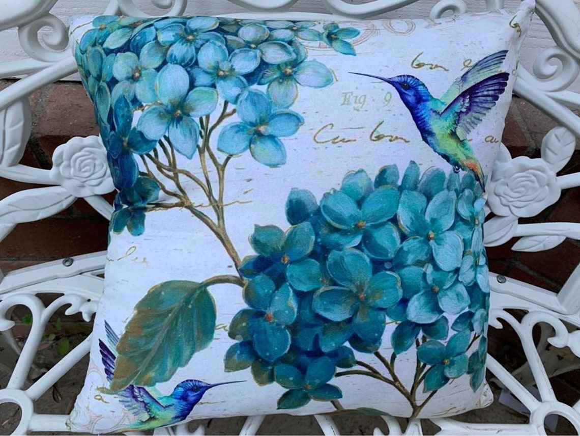 Vintage Blue Hydrangea and Hummingbirds Pillow Covers 18 X 18", Set of ...