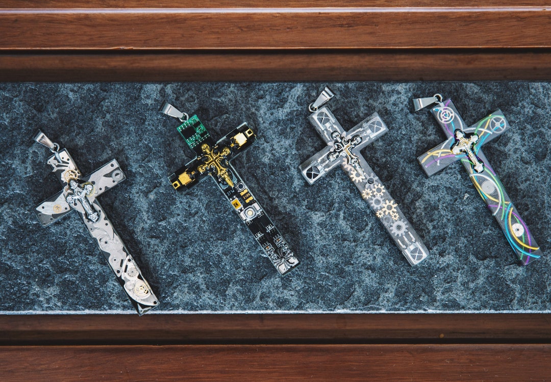 Cyberpunk Necklace With Large Cross Pendant, Unique Circuit Necklace ...