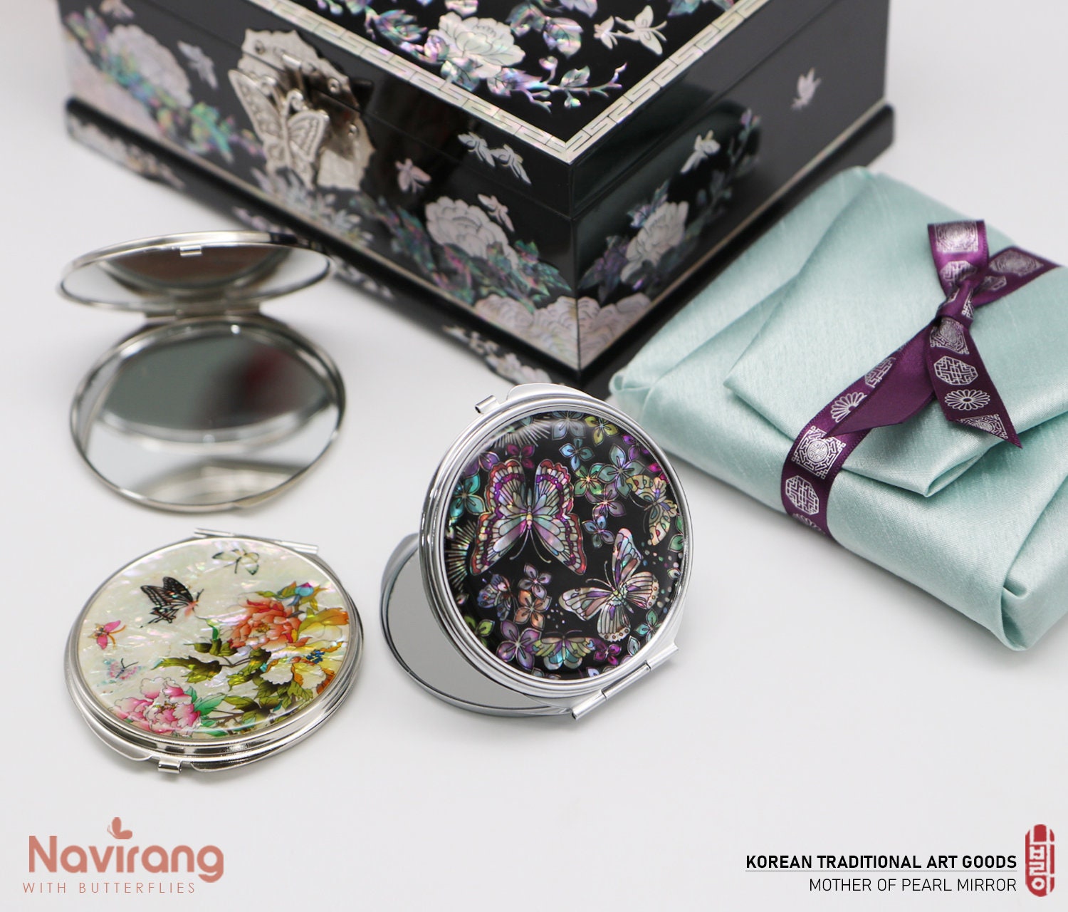 Mother of Pear Compact Mirror With Bojagi Wrapping, Pocket Mirror ...