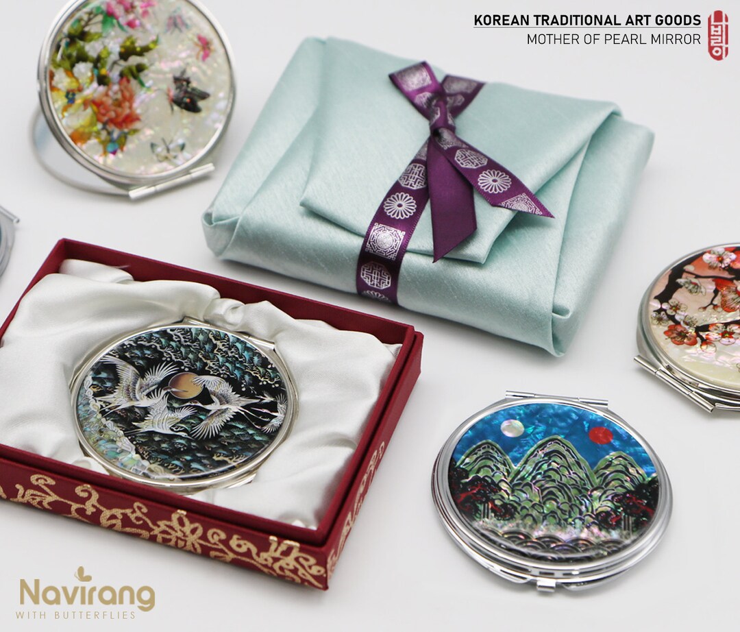 Mother of Pear Compact Mirror With Bojagi Wrapping, Pocket Mirror ...
