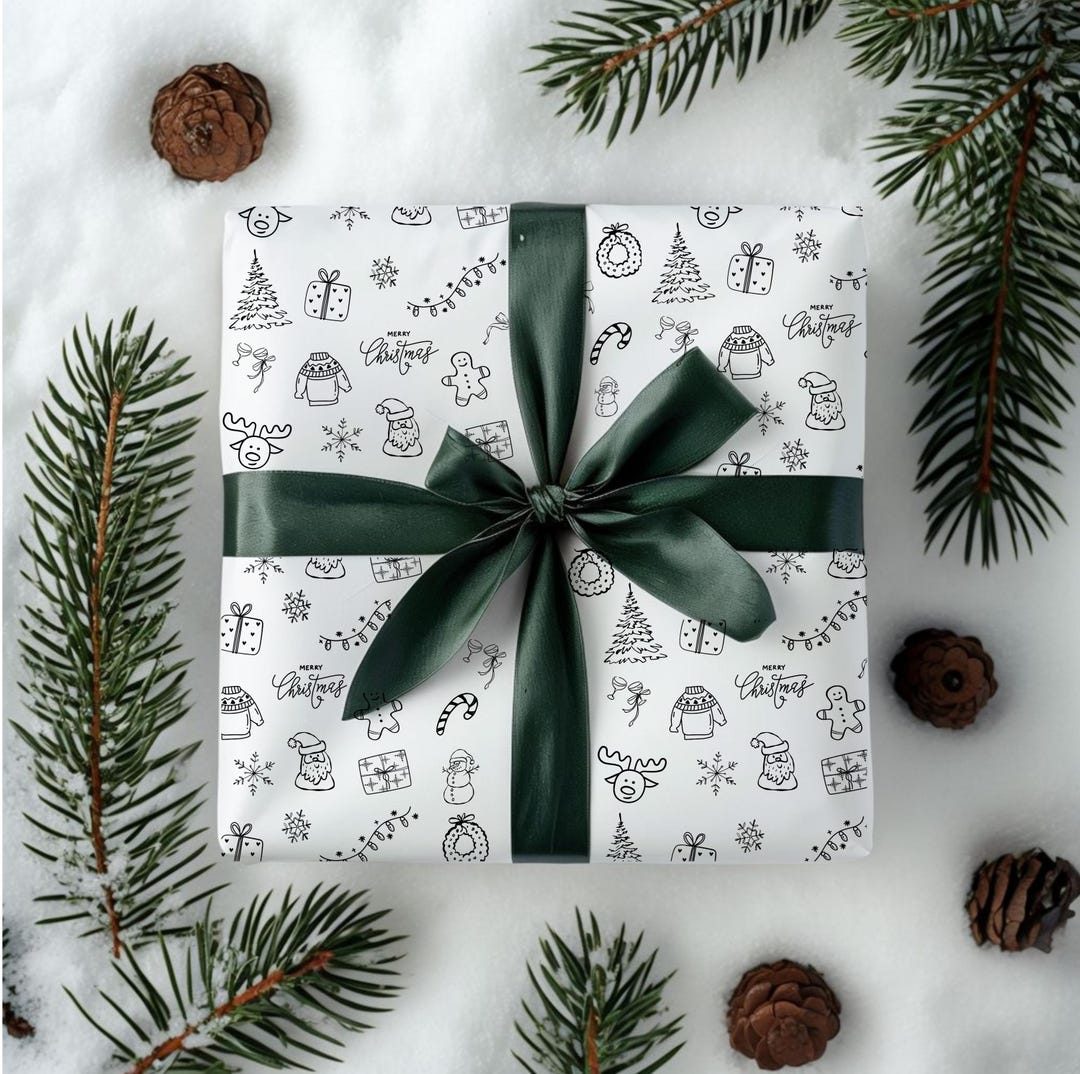Hand Drawn Christmas Wrapping Paper, Holiday Gift Wrap, Vintage Gift ...