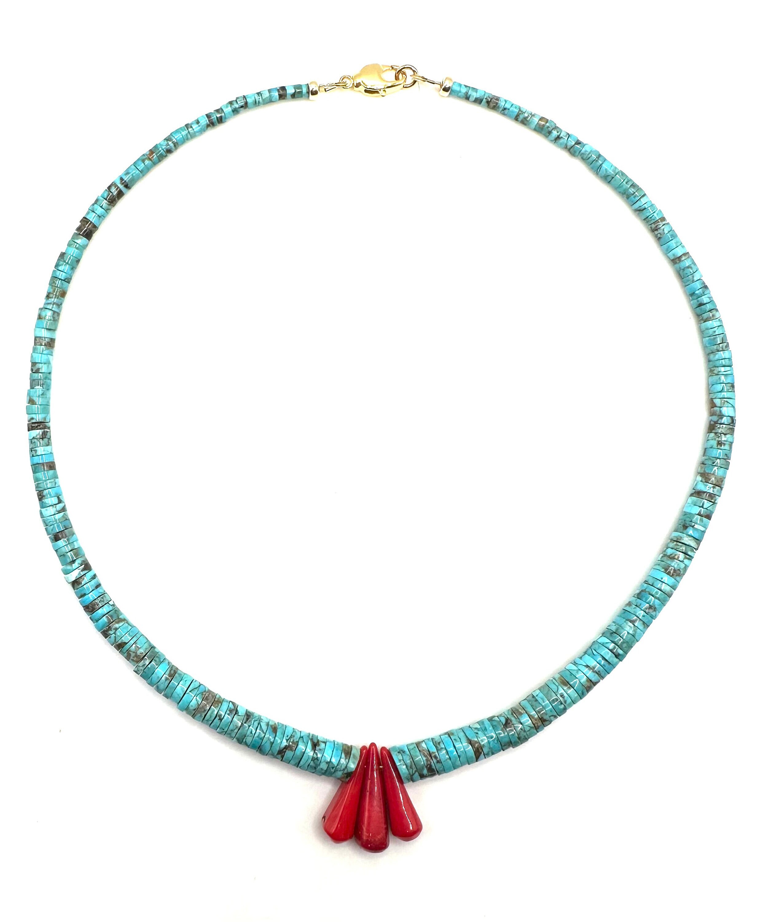 Turquoise & Coral Heishi Necklace: Santo Domingo Style, Artisan Crafted ...