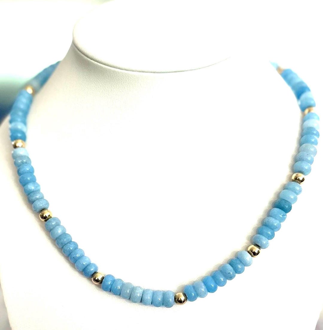 Angelite Beaded Necklace: 14k Gold, Light Blue Gemstone Jewelry - Etsy
