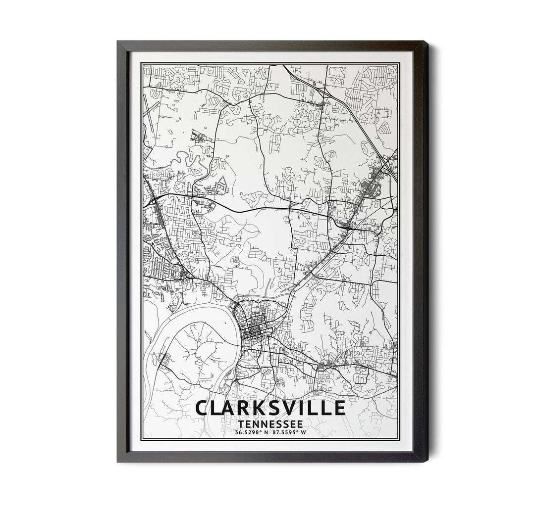 Clarksville Tennessee Map, Black and White, Coordinates, Map of ...
