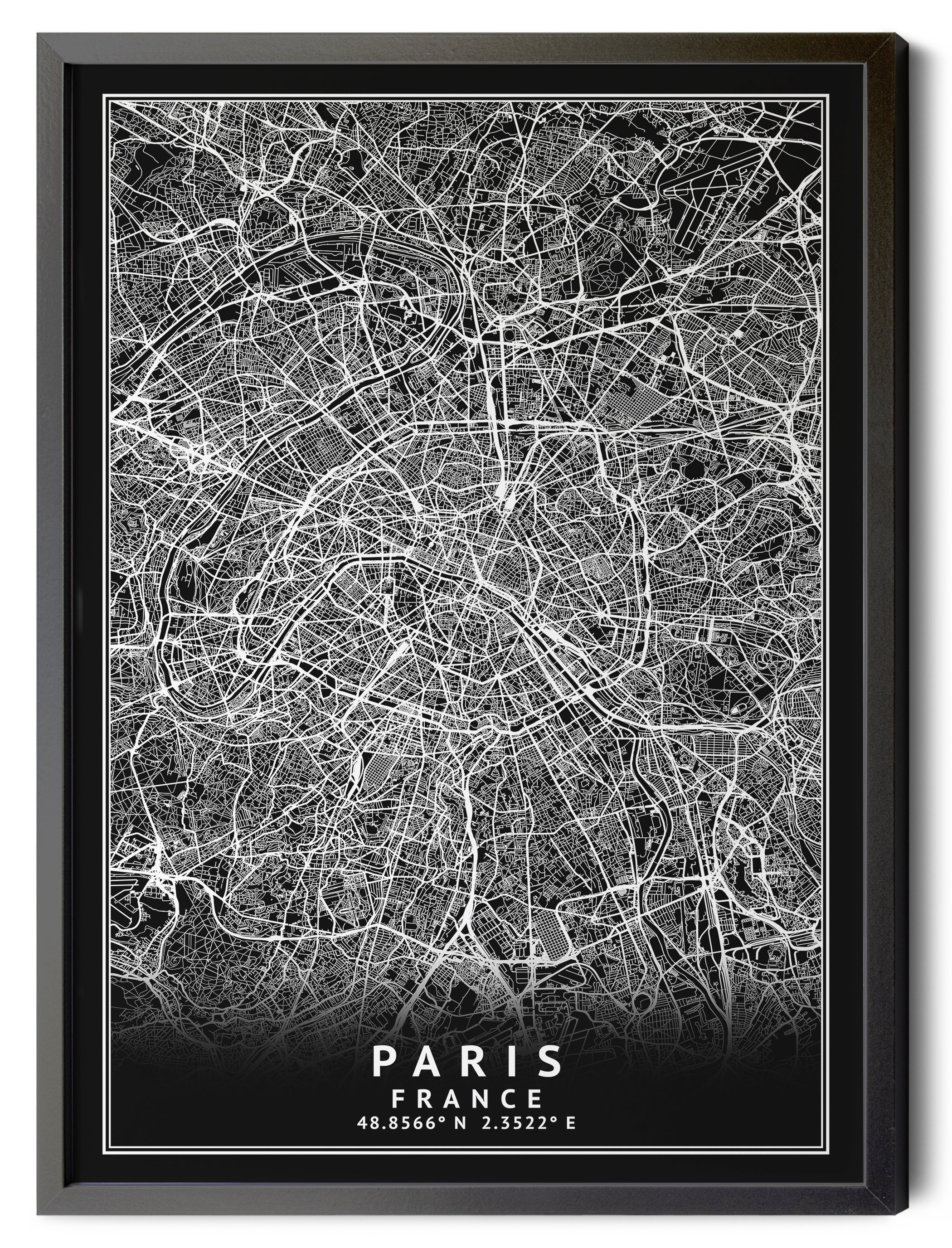 Paris France Map Black and White Inverted Black | Etsy