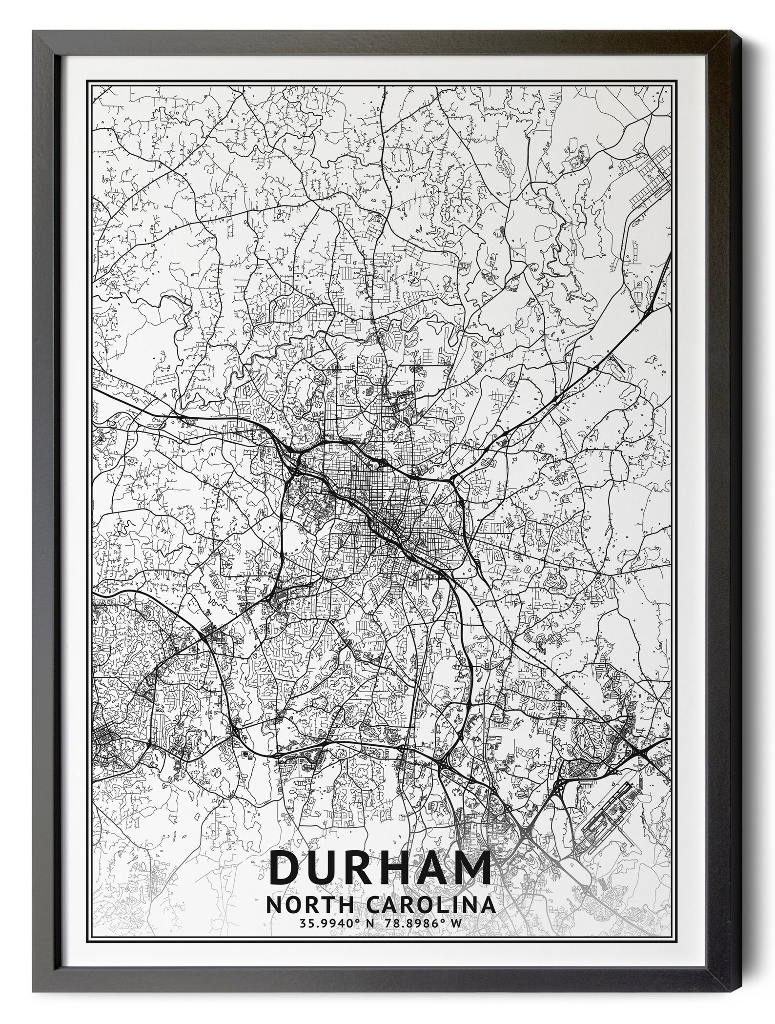 Durham North Carolina Map, Black and White, Coordinates, Map of Durham ...