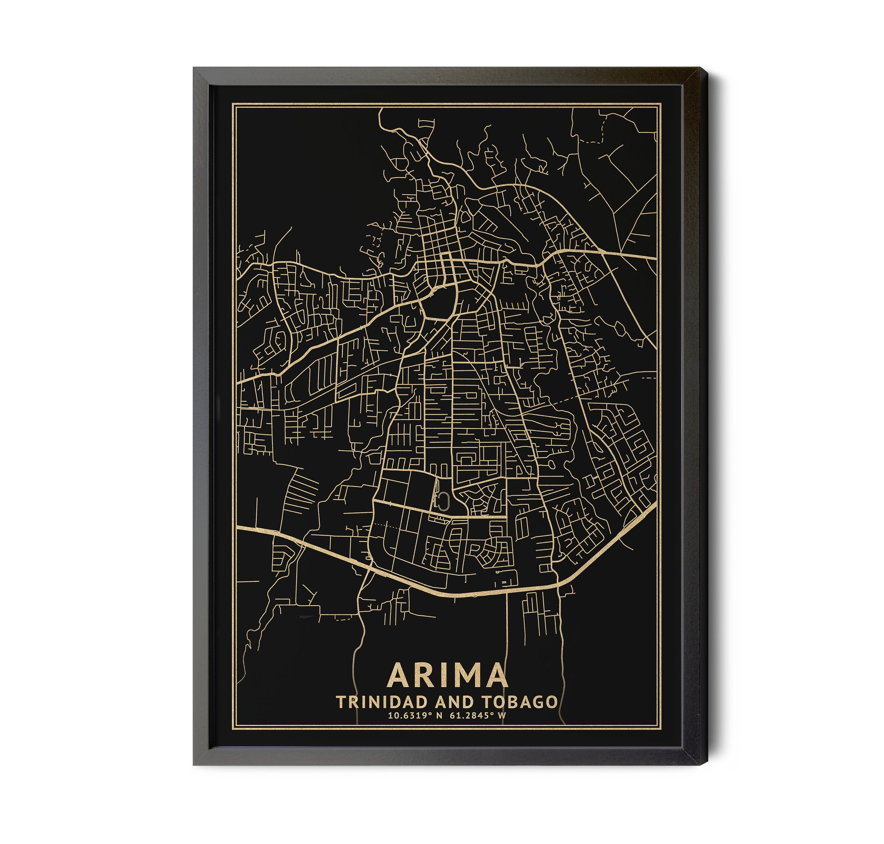 Arima Trinidad and Tobago Map, Black, High Resolution Real Gold Leaf ...