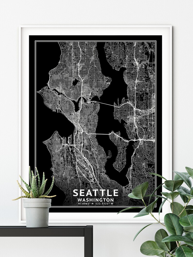 Seattle Washington Map, Black and White, Invetred Black, Coordinates ...