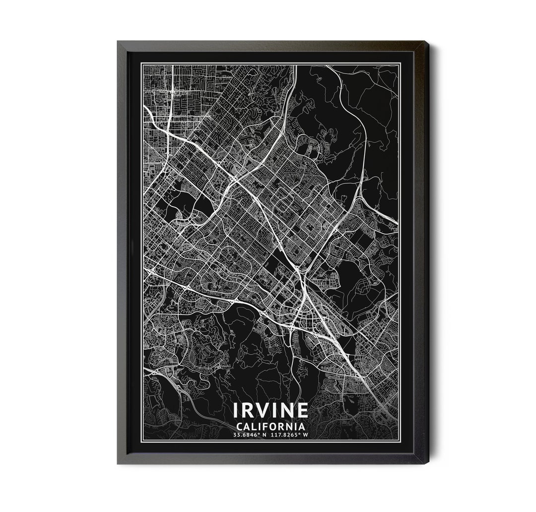 Irvine California Map, Black and White, Inverted, Coordinates, Map of ...