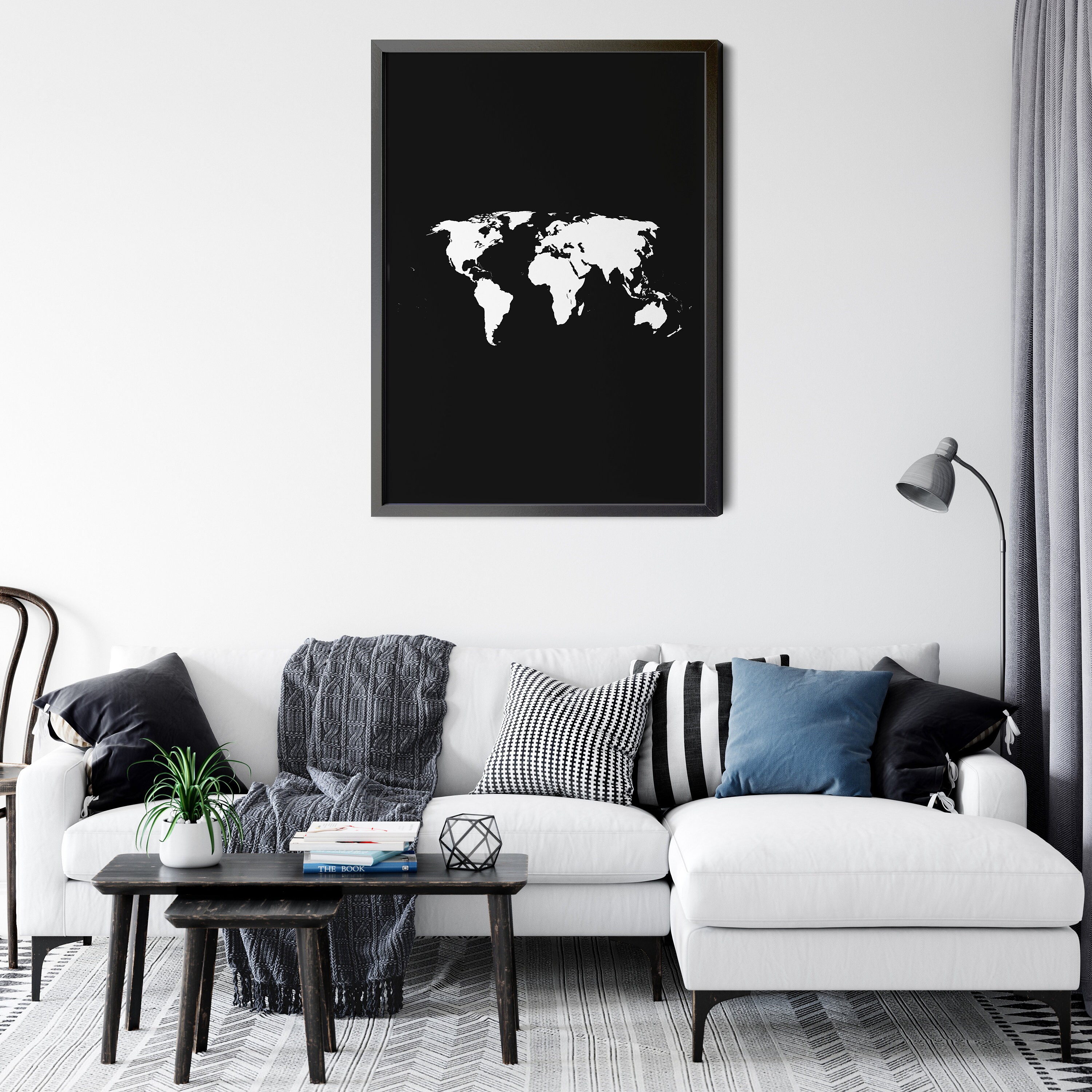 World Map Black and White Inverted World Map Wall Art | Etsy