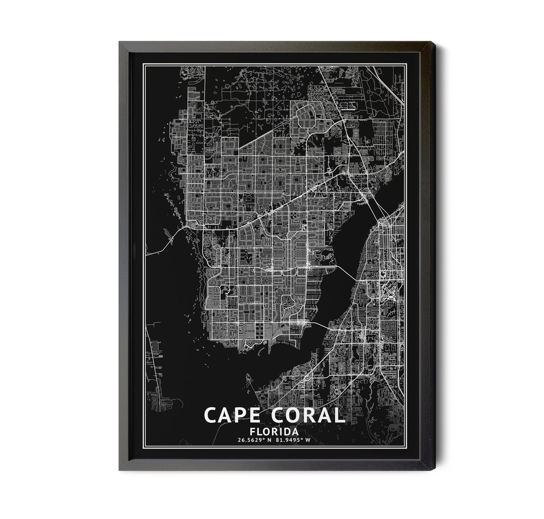Cape Coral Florida Map, Black and White, Inverted, Coordinates, Map of ...
