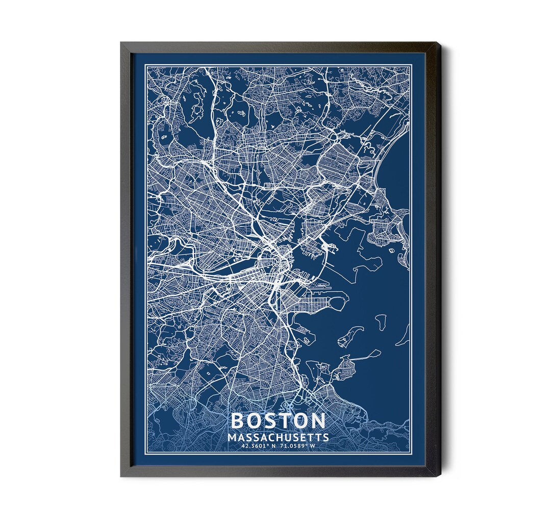 Boston Map, Blue, Boston Massachusetts Map Wall Art, Map of Boston ...