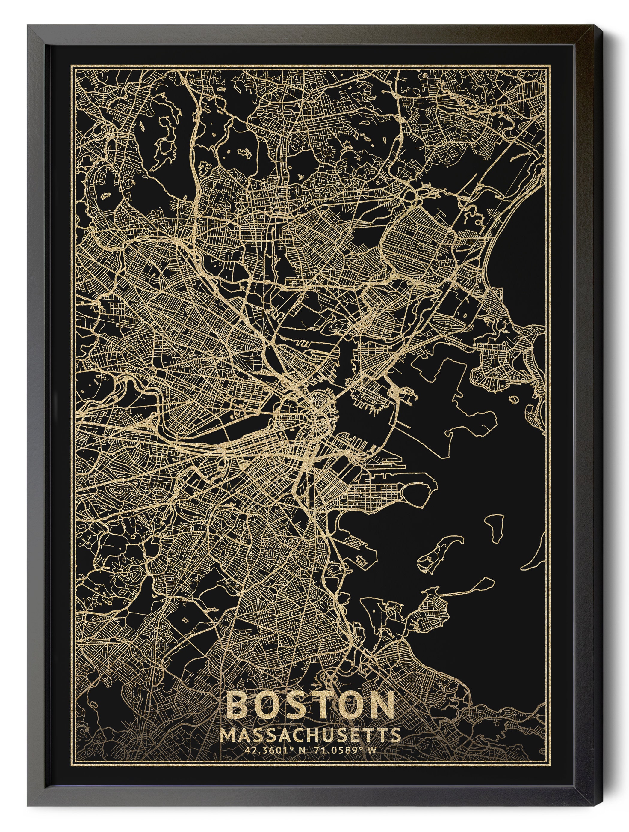 Boston Map, Black, High Resolution Real Gold Leaf Texture, Coordinates ...