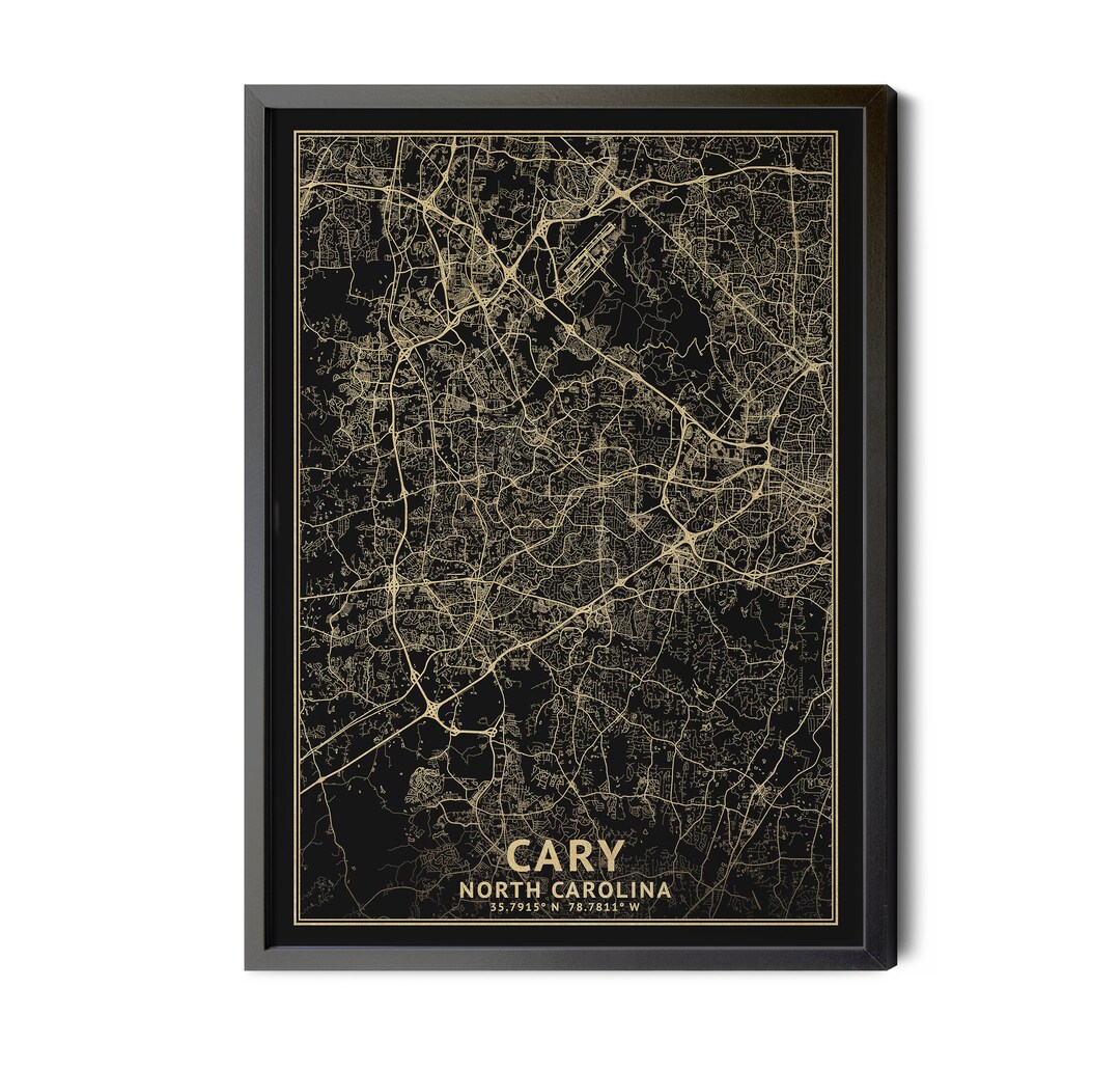 Cary North Carolina Map, Black, High Resolution Real Gold Leaf Texture ...